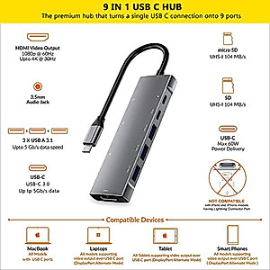 USB C Hub Multiport Adapter for iPad Pro MacBook Pro Air M1 2022 2020,12.9 11 inch, 9-in-1 USB C 4K HDMI Adapter with 3.5mm Audio Jack,3xUSB3.0,SD/Micro SD Card Reader,USB-C 3.0 Data,iPad Mini 6