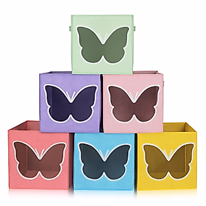 Geelin 6 Pcs Cube Storage Organizer Bins Foldable Fabric Storage Cubes with Clear Butterfly Colored Cube Storage Organizer with Handles for Home Kids Room Closet Toys Organization (12 x 12 x 12 Inch)