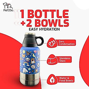 PET2GO Dog Travel Water Bottle (32oz) with Treat Holder & Detachable Bowls | Insulated, Portable Stainless Steel Water Dispenser for Pets | Dog Walking Accessory | Outdoor Dog Beach Gear (Blue)