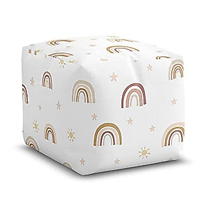 Sweet Jojo Designs Boho Rainbow Girl Ottoman Pouf Cover Unstuffed Poof Floor Footstool Square Cube Pouffe Storage Baby Nursery Kids Room Blush Pink Yellow Bohemian Modern Neutral Vintage Taupe Beige