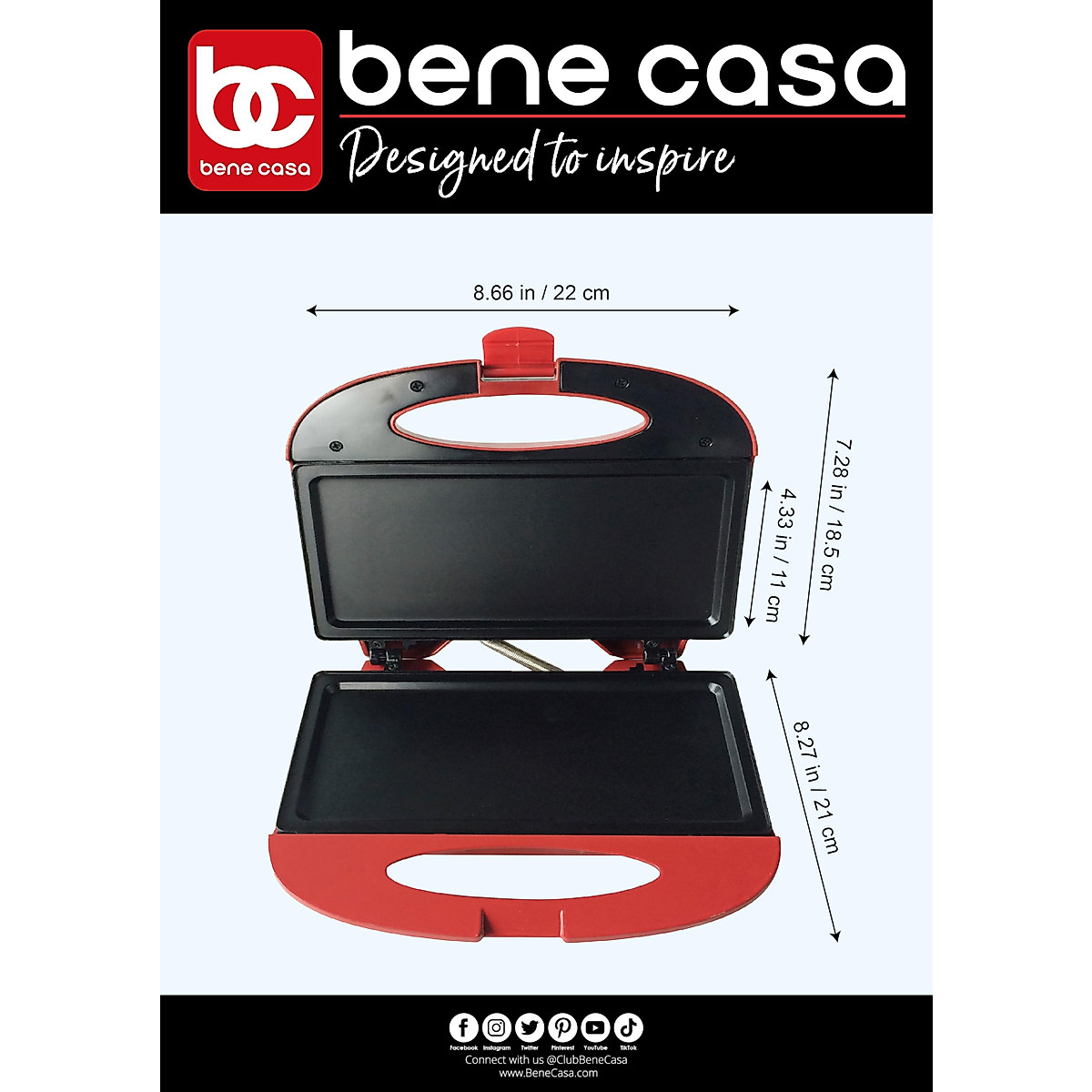 Bene Casa - Red Nonstick Flat Grill Sandwich Maker - Includes Cool-touch Handles and Die Cast Aluminum Cooking Surface
