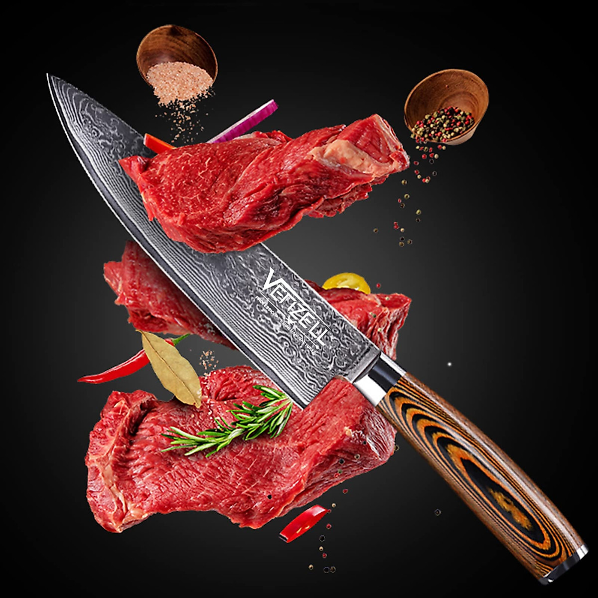 VENZELL Handmade 8 inch Chef Knife, 67-layer Damascus Stainless Steel Knife, HRC60±2 Professional Chopping Knife with Ergonomic PAKKA Wood Handle