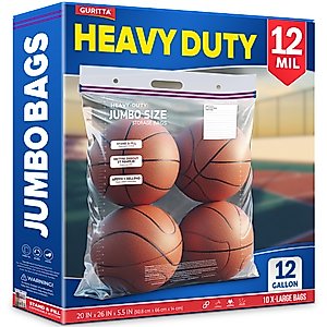 Jumbo Handle Zip Lock Bags, 10 Gallon Extra Large XL Storage Bags, 12 Mil Extra Heavy-duty Clear Big Plastic, Zip Poly Bags with Resealable Lock Seal Zipper, 20x26'', 10 Bags