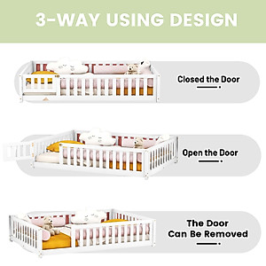 CITYLIGHT Full Size Floor Bed with Rails, Wood Montessori Floor Bed Full with Support Slats, Kids Full Bed Frame with Door Design for Boys,Girls, White