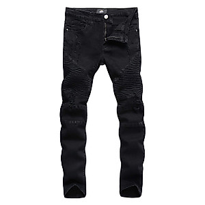 ZLZ Black Ripped Biker Jeans for Men Slim Fit, Men's Comfy Stretch Distressed Biker Jeans Pants Rock, Designer Jeans, Size 38