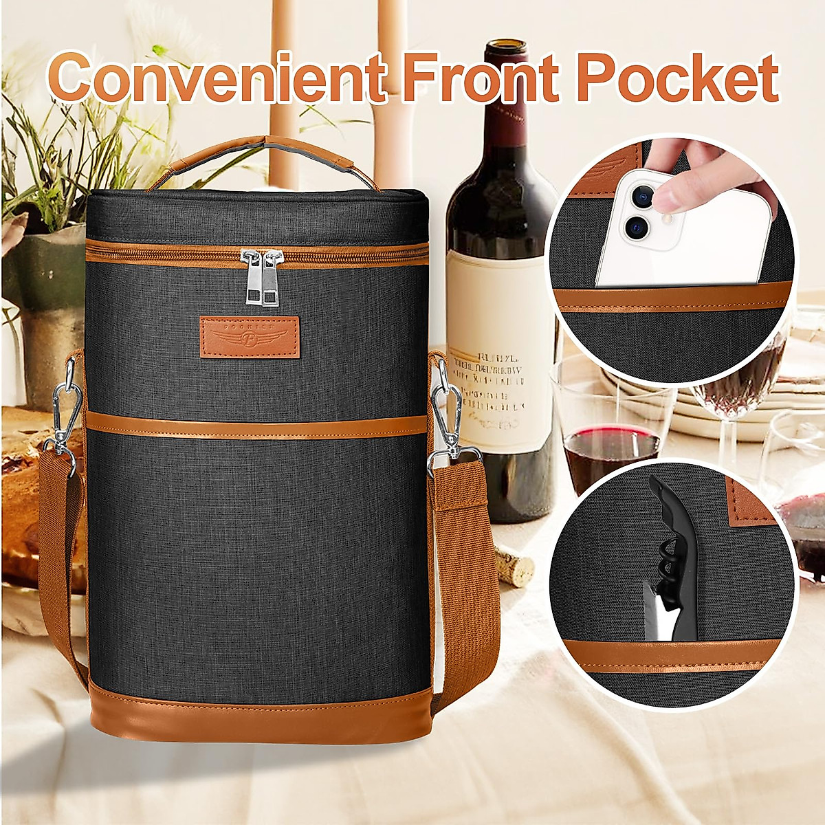 FOCHIER F 2 Bottle Wine Gift Bag, Insulated Wine Bottle Carrier Tote bag, Wine Cooler Bag for Travel, Picnic, Party, Dinner, Great Christmas Day Gift, Black