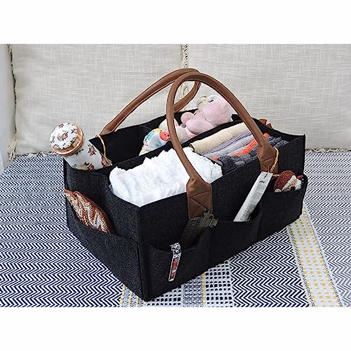 Mysa Felt Baby Diaper Caddy Car Organizer with Vegan Leather Handle for Diapers and Baby Wipes For Changing Table Nursery Storage Bin Basket, Baby Shower Gift Suitable For Indoor Outdoor (BLACK)