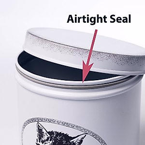 The PetSteel Antique White Treat Jar. Sturdy Treat or Food Storage Canister with Cute Cat Design.Tight Fitting Lids. Pet Food Container Fit's Up To 2lbs of Treats