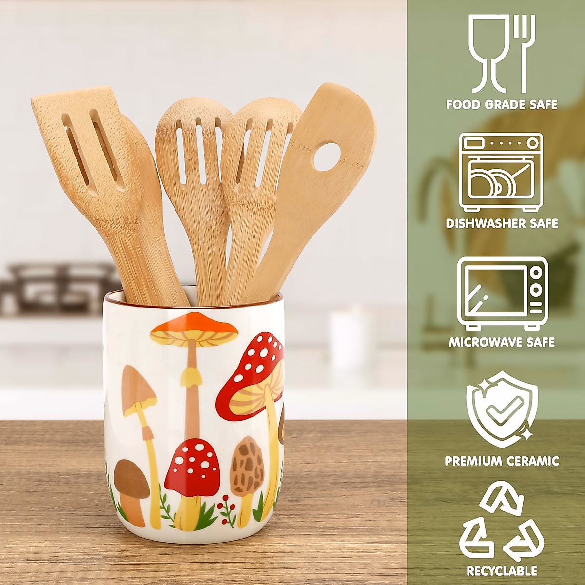 Nefelibata Mushroom Ceramic Utensil Holder Rustic Functional Utensil Crock Kitchen Storage Decor Perfect for Storing Cooking Tools and Cutlery Keep Organized Large Crock for Countertops