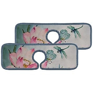Kitchen Faucet Absorbent Mat 2 Pieces Watercolor Painting of Lotus Dragonfly Faucet Sink Splash Guard Bathroom Counter and RV,Faucet Counter Sink Water Stains Preventer
