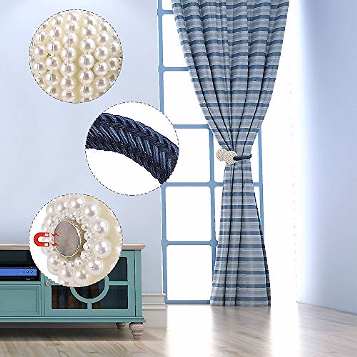 AINAAN 2 Pack Magnetic Curtain Tiebacks Convenient Drape Tie Backs Pearl Decorative Rope Holdback Holder for Small, Thin or Sheer Window Drapries, 2019, Blue