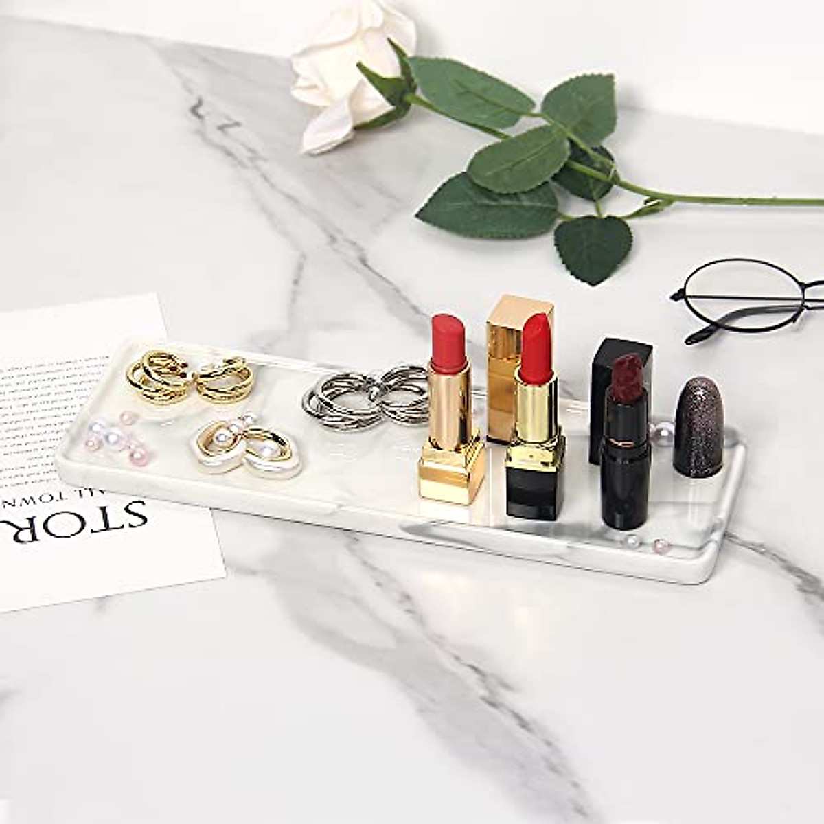 Bathroom Vanity Tray, Ceramic Marble Decor Tray, Bathroom Kitchen Countertop Organizer Cosmetic Tray for Perfume Soap Candles Jewelry Ring Towel Bathroom Accessories