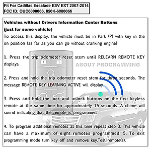 FCC ID: OUC6000066, 315 MHz 6 Buttons Compatible with Cadillac Escalade ESV EXT 2007-2014/Smart Keyless Entry Remote Fob (Pack of 1)