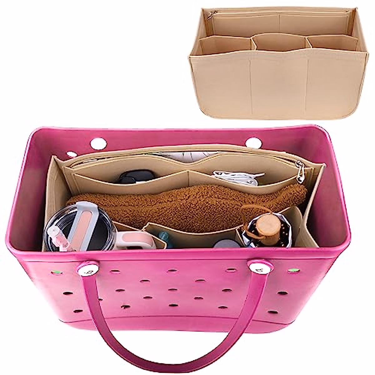 AIERSA Rubber Beach Bag Organizer Compatible with Bogg Bag/Simply Southern Tote, Felt Insert Divider Pouch with Zipper for Bogg Bags Accessories, with 7 Pocekets, Only for Original X Large Size -Beige
