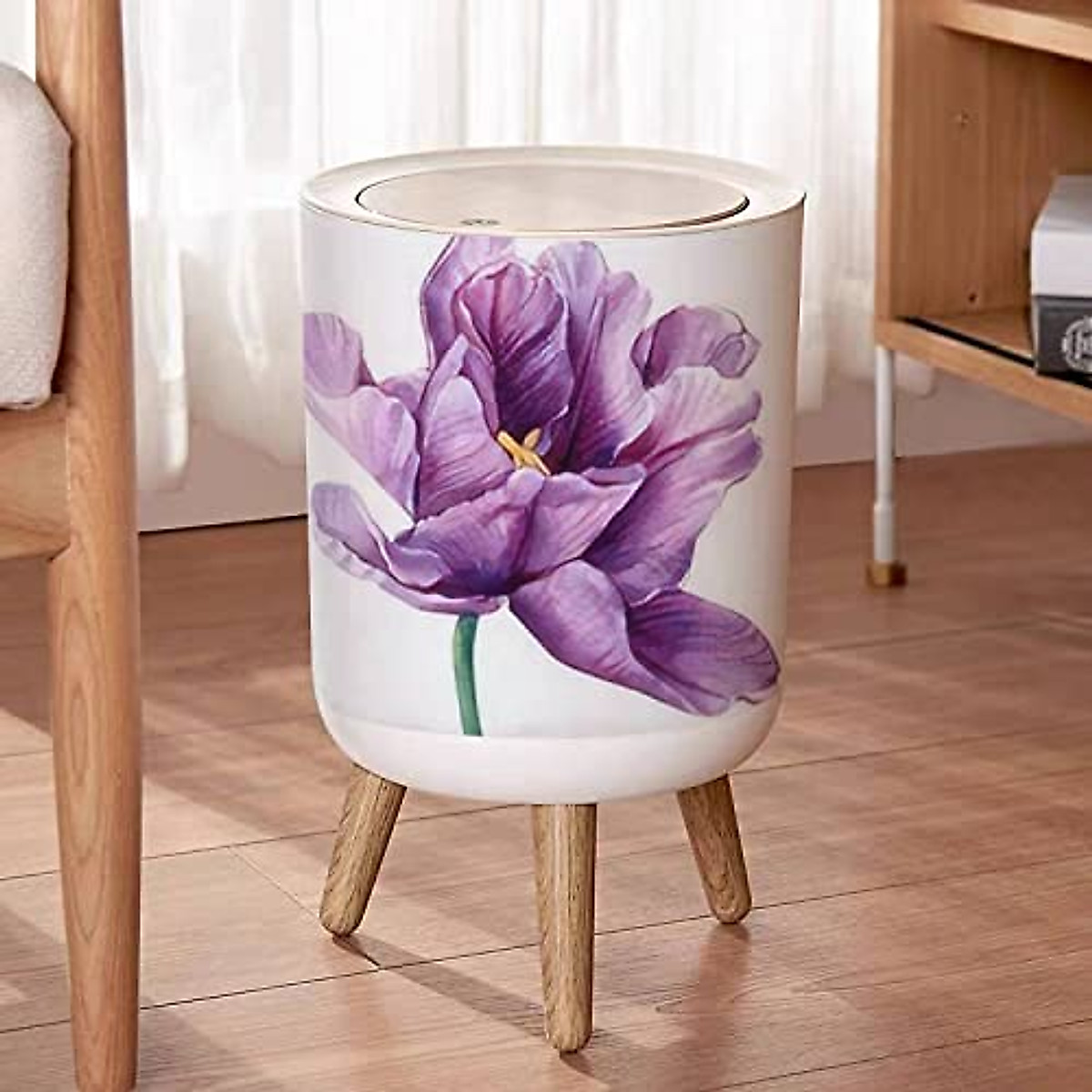 Round Trash Can with Lid Lilac Flower an Isolated White Watercolor Illustrations Purple Tulips Press Top Recycle Bin Small Garbage Can Dog Proof Wastebasket Wooden Legs Bathroom Kitchen 7L/1.8 Gallon
