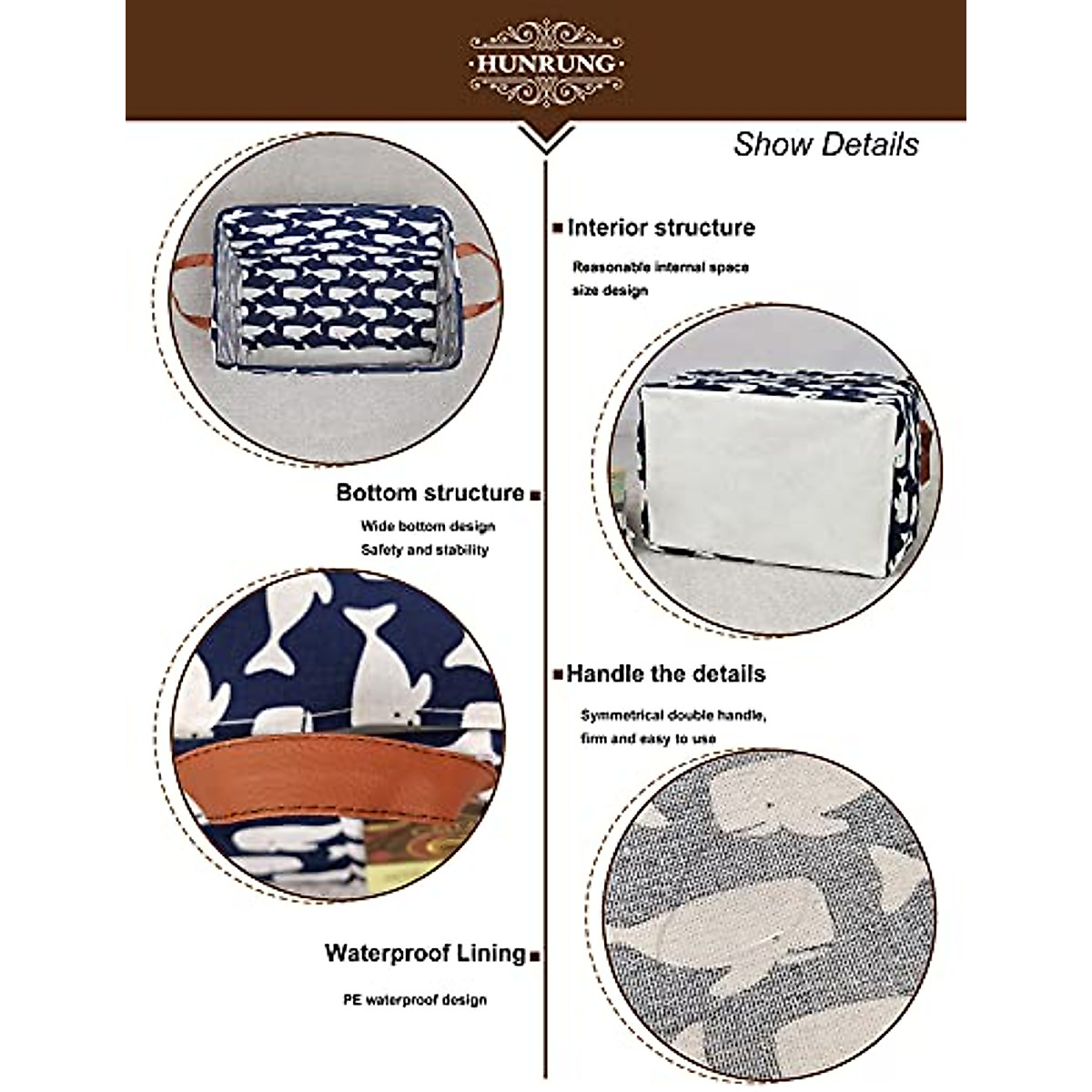 HUNRUNG Storage Boxes with Lids Rectangle/Square Storage Bins，Storage Basket Cute Canvas Organizer Bin for Pet/Children Toys, Books, Clothes Perfect for Rooms（Rec-Blue Whale-with lid）