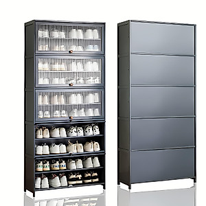 WMIASIN Bamboo Shoe Cabinet, Large Shoe Cabinet with Flip Doors, Shoe Storage Cabinet, Tall Freestanding Shoe Rack Organizer for Entryway, Hallway, Dark Gray…