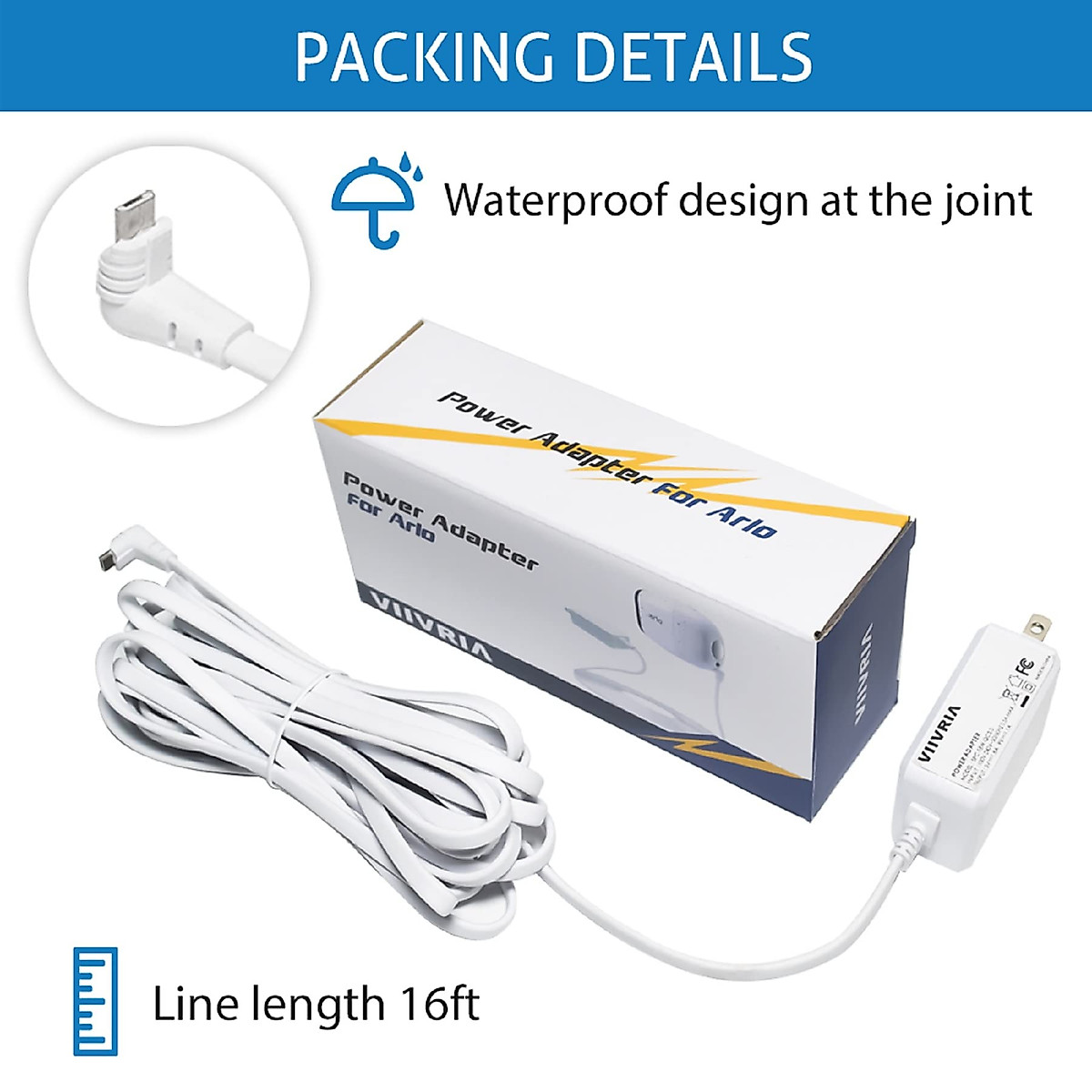 Weatherproof Outdoor Quick Charge 3.0 Power Adapter, Continuously Power Supply Compatible with Arlo Pro, Arlo Pro 2 and Arlo Go, 16.4 ft/5 m Long and Thin Cable