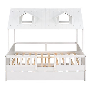 Harper & Bright Designs Full Size House Bed with Trundle, Full Size Bed Frame for Kids,Wooden Cabin Full Playhouse Bed for Girls, Boys,No Box Spring Needed,White