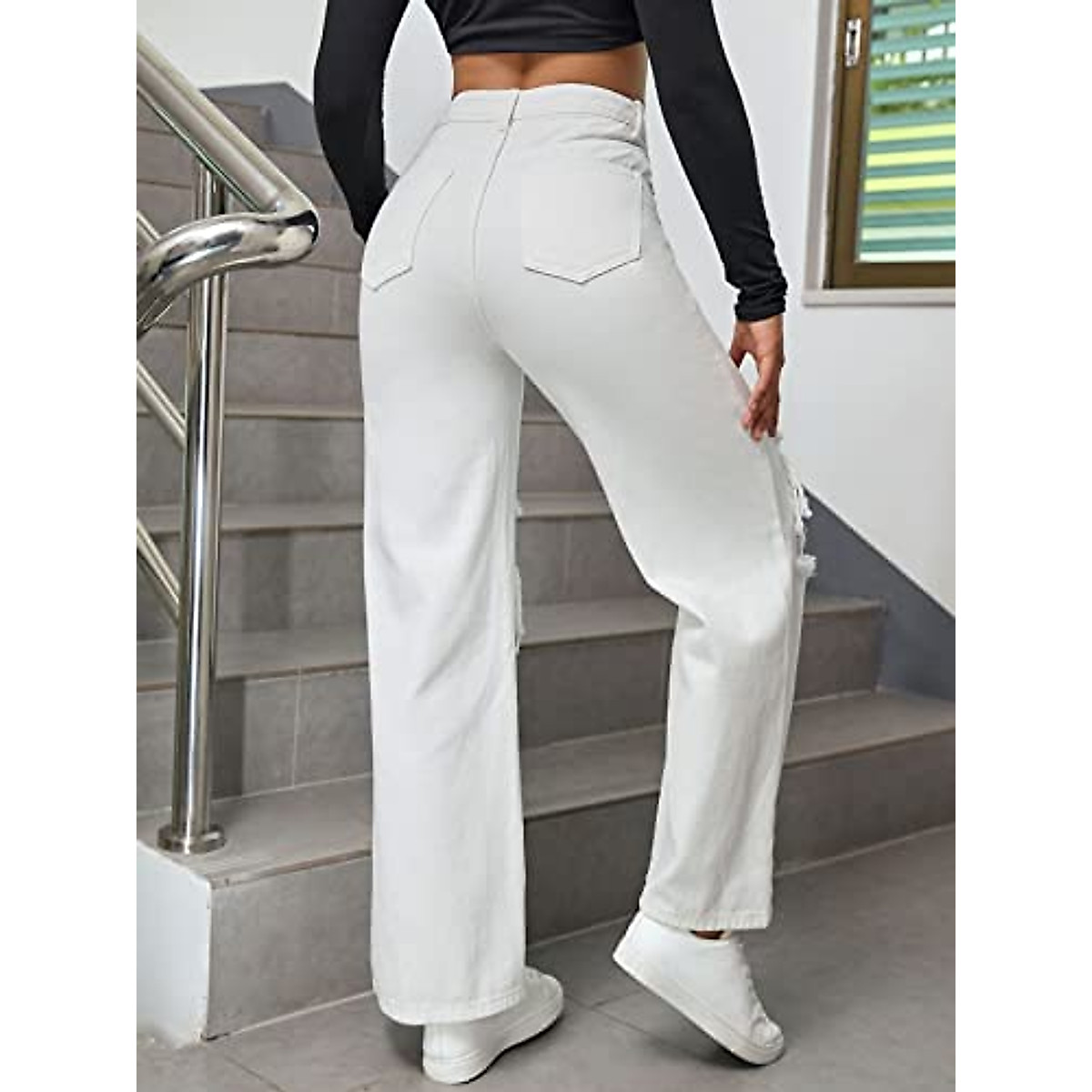 SweatyRocks Women's Straight Wide Leg High Waisted Jeans Ripped Distressed Cut Out Denim Pants White M