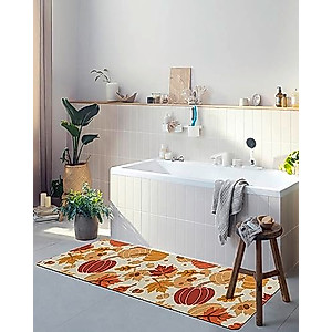 Farm Rustic Pumpkins Bath Mat for Tub,Non Slip Bathroom Floor Runner Rug Quick Dry & Absorbent Diatomaceous Earth Shower Sink Bedroom Kitchen Washable Doormat,Thanksgiving Autumn Maple Leaves 16"x47"