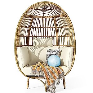 YITAHOME Swivel Outdoor Egg Chair, Wicker Patio Rotating Basket Chair with 370lbs Capacity, All-Weather Oversized Stationary Egg Lounger Chair for Indoor Living Room Outside Balcony Backyard (Beige)