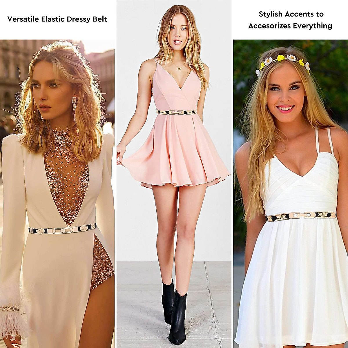 gingokuo Women Dress Belts Elastic Stretch Waist Belts for women Dresses with Gold Buckle flower Suit for waist 25-30