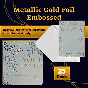 Better Office Products 25 Pack Party Invitations with Envelopes, Cardstock with Metallic Gold Foil Lettering, Bulk Set, 5x7 Inch, Fill in the Blank Notecards, for Weddings, Showers & All Occasions