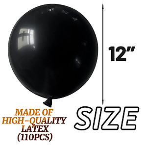 110pcs Black Balloon 12 inch, Black Latex Balloons for Birthday Party Baby Shower Wedding(with 2 Ribbons).