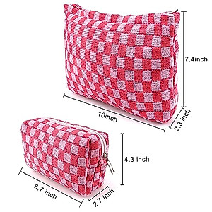 Wowang 2pcs Cute Makeup Bag Checkered Cosmetic Bag Makeup Pouch Travel Toiletry Bag for Women Aesthetic Accessories Makeup Brushes Storage Bag Organizer (Pink)