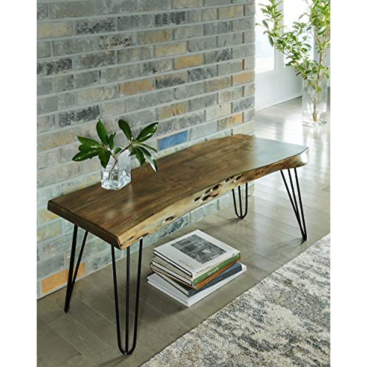 Signature Design by Ashley Haileeten Contemporary Accent Bench with Live Edge Top, Light Brown & Black