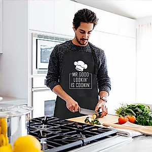 Rosoz Funny BBQ Black Chef Aprons for Men, Mr Goodlookin' is Cookin', Adjustable Kitchen Cooking Aprons with Pocket Waterproof Oil Proof Father’s Day/Birthday