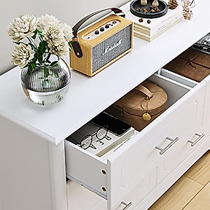 HOSATCK 6 Drawer Dresser, Modern White Wide Chest of Drawers with Metal Handels, Wood Double Dresser, Storage Chest Organizers for Living Room, Hallway, Entryway, White