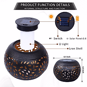 Solar Table Lights Outdoor Waterproof - 2 Pack Dancing Flickering Flame Lamp Black Metal Tabletop Light Solar Powered Decorative Lighting Lantern for Desk Bedroom Patio Garden Pathway Yard
