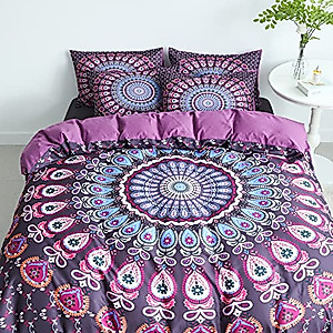 Mandala Duvet Cover King Size, 3 Pieces Soft Lightweight Microfiber Duvet Cover Set, Purple Mandala Bedding Comforter Cover Set with Zipper Ties, 1 Duvet Cover and 2 Pillowcases, No Comforter
