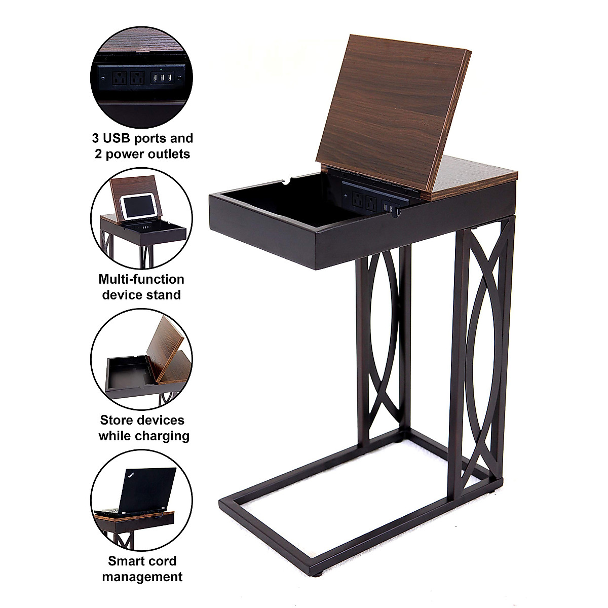 Leisure Space SeeTable - Stash with Device Stand, Charging Station, and Storage (Dark Brown Frame/Walnut Finish Table Top) - C Table/End Table/Side Table/Accent Table