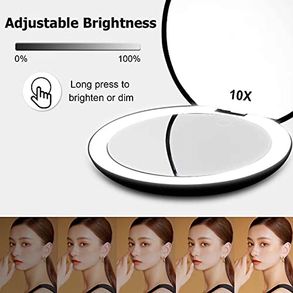 LED Lighted Travel Makeup Mirror, Rechargeable Large 5" 1x/10x Magnifying- Medical Grade LED, 3 Colors Settings & Brightness Adjustable- Portable, Touch Screen Compact Mirror w/Brighter Light (Black)