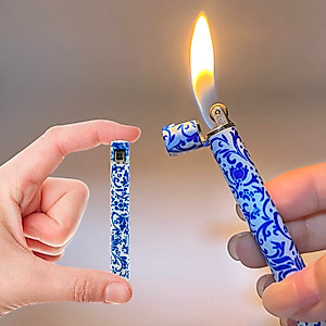 2pcs Torch Lighter, Mini Cylindrical Strip Refillable Gas Lighter, Portable Adjustable Soft Flame Lighter for Kitchen, Indoor,Outdoor,Grill,Camping(without Butane Gas)-Blue White Porcelain/Blue White