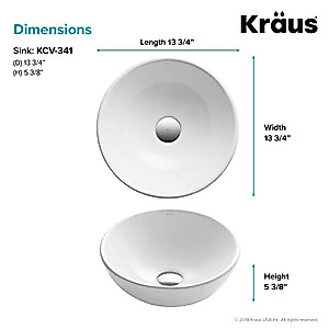 KRAUS Elavo Round Vessel White Porcelain Ceramic Bathroom Sink, 14 inch KCV-341