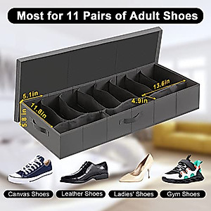 HOUSE AGAIN Under Bed Shoe Storage Organizer with Lid, Foldable Shoes Storage Bin Set of 2, Stackable Underbed Storage Containers with 2 Handles, Fits Total 22 Pairs, Dark Grey