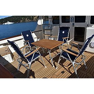 FORMA MARINE Boat Chairs High Back Navy Blue Deck Folding Marine Aluminum Teak Furniture Set of 2 M150NB