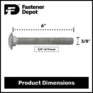 3/8"-16 x 6 Hot Dipped Galvanized Carriage Bolt w/Nuts & Flat Washers, Grade A, Full Thread, Quantity 25 - by Fastener Depot, LLC