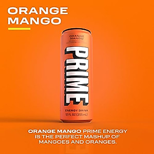 PRIME Energy ORANGE MANGO | Zero Sugar Energy Drink | Preworkout Energy | 200mg Caffeine with 355mg of Electrolytes and Coconut Water for Hydration| Vegan | Gluten Free |12 Fluid Ounce | 24 Pack