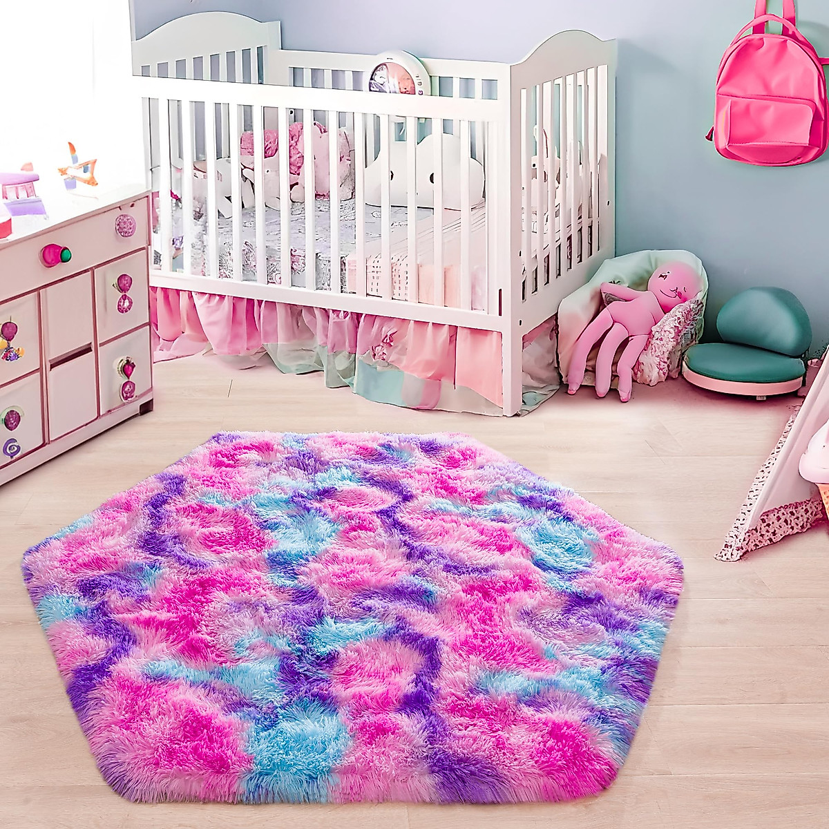 junovo Ultra Soft Hexagon Rug Fluffy Rainbow Nursery Rug for Princess Tent Kids Play Castle, Furry Hexagonal Carpet for Kids Girls Room Playhouse Classroom Dorm Home Decor, 4.6ft Tie-Dye Hot-Pink
