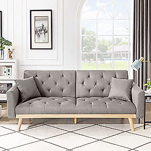 Recaceik Futon Sofa Bed, Convertible Bed Sectional Couch with Two Pillows & Adjustable Backrest, Folding Loveseat Sleeper Sofa Bed with Removable Armrests Linen Fabric Futon Couches for Living Room