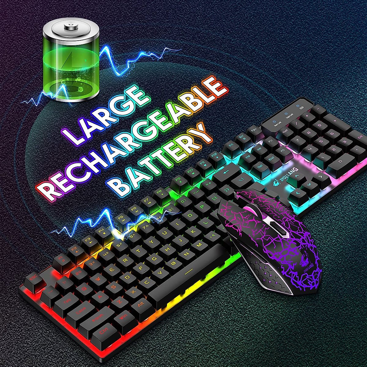 Wireless Gaming Keyboard and Mouse,Rechargeable Orange Backlit Keyboard Mouse with 3800mAh Battery,Mechanical Feel Gaming Keyboard,7 Color Gaming Mute Mouse,Gaming Mouse Pad for PC Gamer