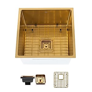 Strictly Sinks Undermount Bar Prep Sink – 18 Inch 16 Gauge Embossed Leather Texture Gold Wet Bar Prep Kitchen Sink with Bottom Grid and 1 Square Strainer Drain