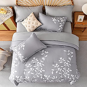METAHOTS King Size Comforter Set, 7 PCS White Flowers Botanical Printed on Grey Comforter Set with Sheets, Soft Lightweight Microfiber Bedding Set for All Season(104"X90")