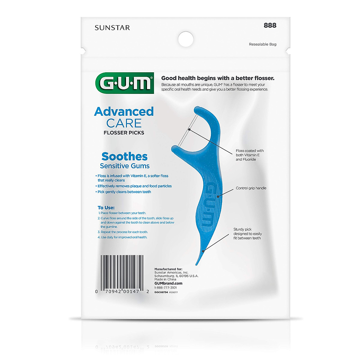 GUM Advanced Care Floss Picks - Dental Flossers for Adults with Vitamin E and Fluoride - Extra Strong Shred-Resistant Dental Floss, Easy Grip Handle, Fresh Mint Flavor, 90 ct