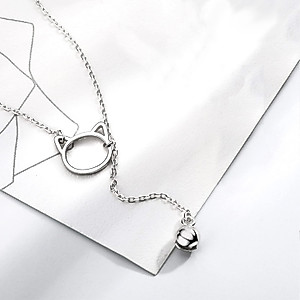 Dankadi Fashion Women 925 Sterling Silver Necklace - Cute Cat/Bell Pendant choker 11x11x5mm - Clavicle Rolo Chain 17 Inch Fine Jewelry Gift